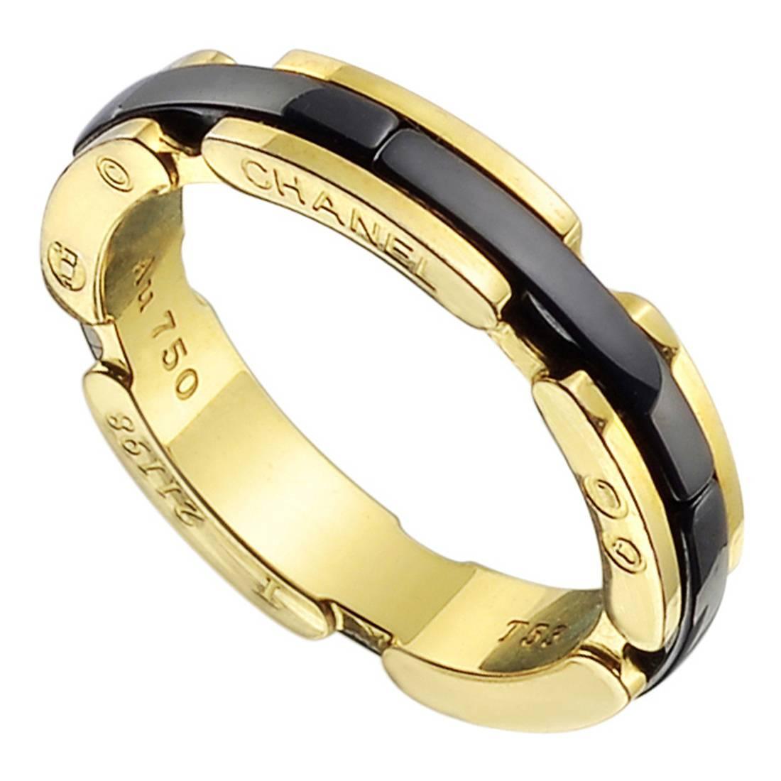Chanel Black Ceramic Gold Band Ring For Sale at 1stdibs