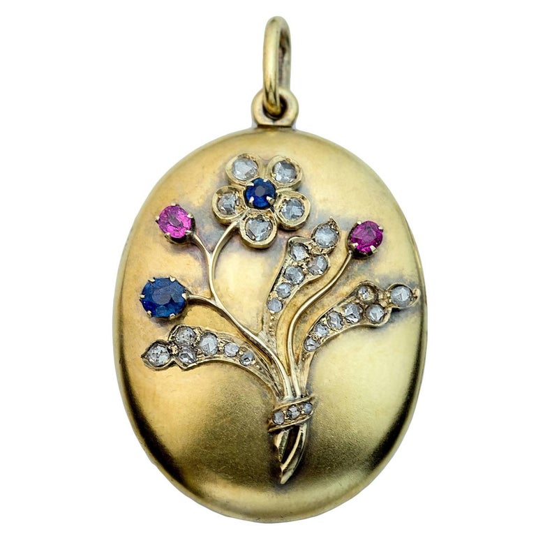 Antique Sapphire Ruby Diamond Gold Locket Pendant at 1stDibs