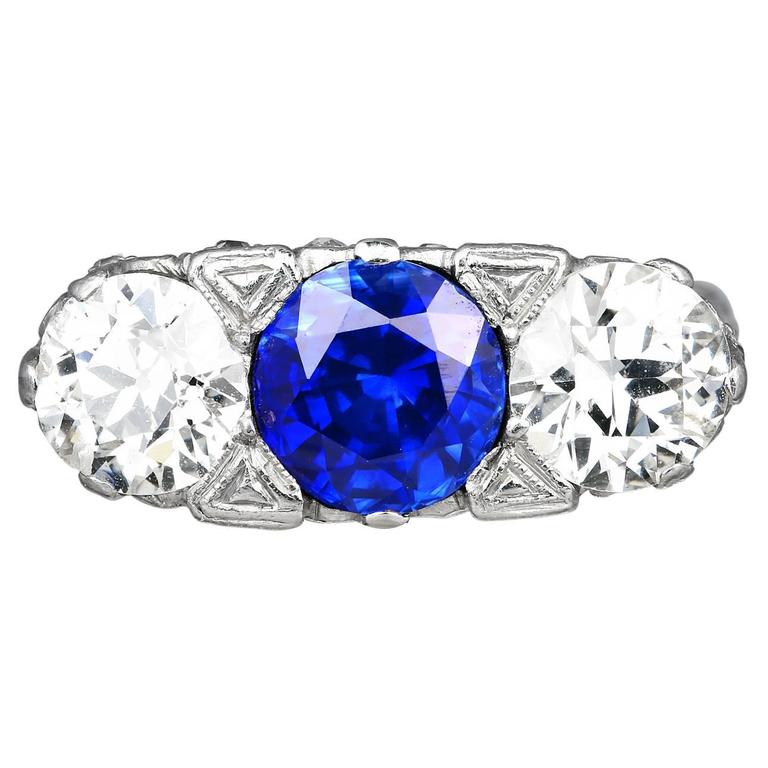 2.52 Carat Round Sapphire Diamond Platinum 3 Stone Ring For Sale at 1stDibs