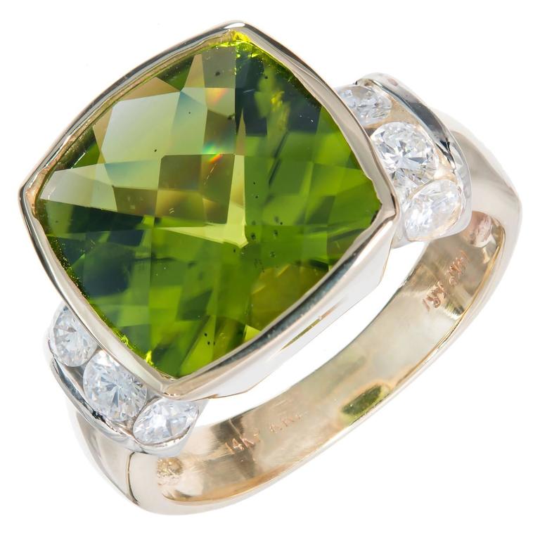 Bright Green Peridot Diamond Gold Ring at 1stDibs