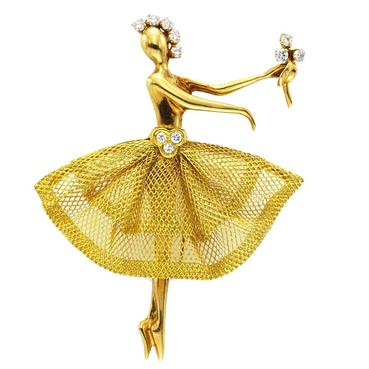 Van Cleef and Arpels Diamond Gold Ballerina Brooch For Sale at 1stDibs
