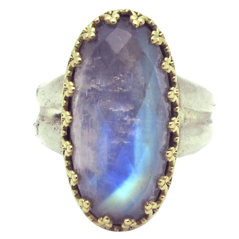 Rose-Cut Labradorite Sterling Silver Gold Band Ring For Sale at 1stDibs