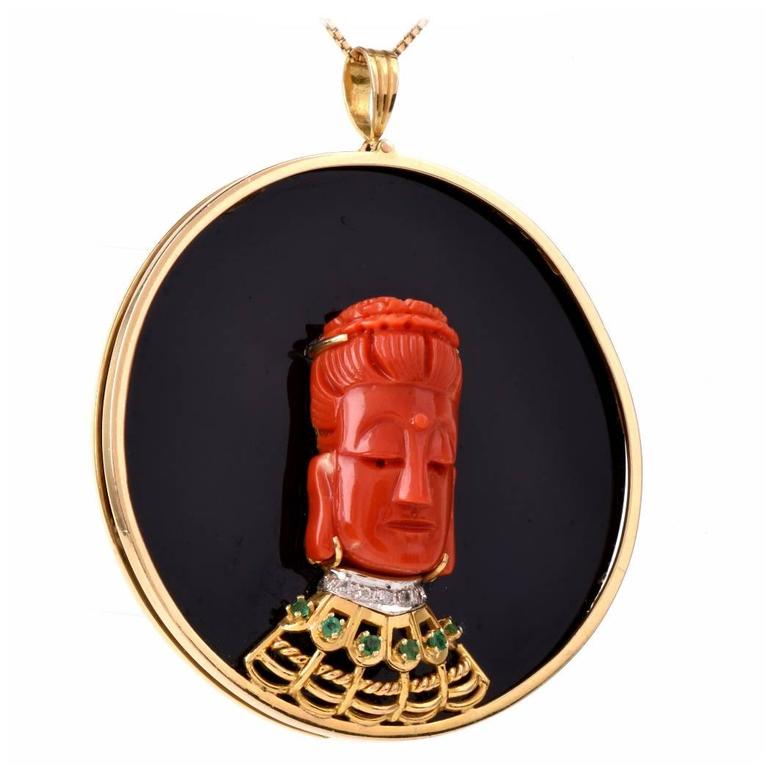 Red Coral Onyx Emerald Diamond Gold Chinese Man Pendant at 1stDibs