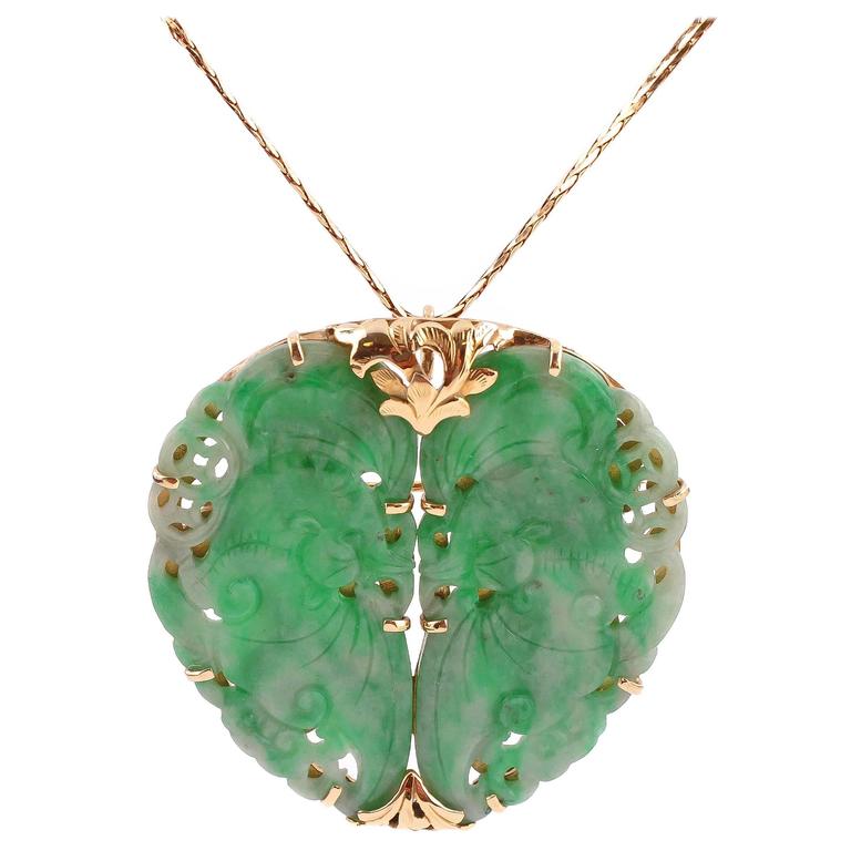 Mid Century Jade Pin Pendant with Gold Chain For Sale at 1stdibs
