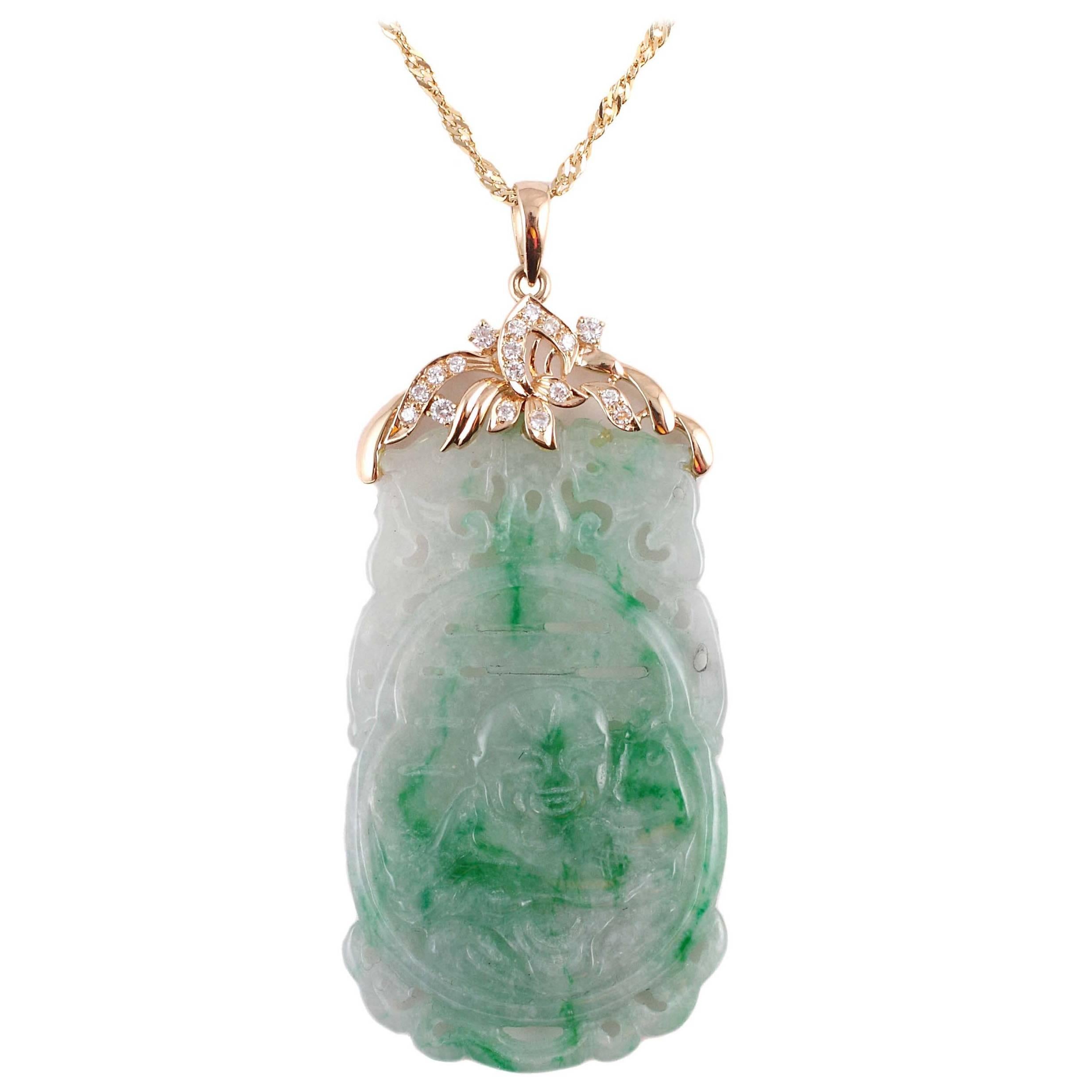 Stunning Jade Diamond Gold Pendant and Chain at 1stDibs