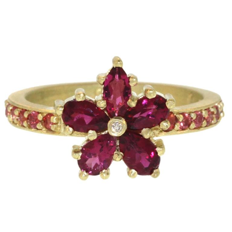 Ruby Sapphire Diamond Gold Flower Ring For Sale at 1stDibs