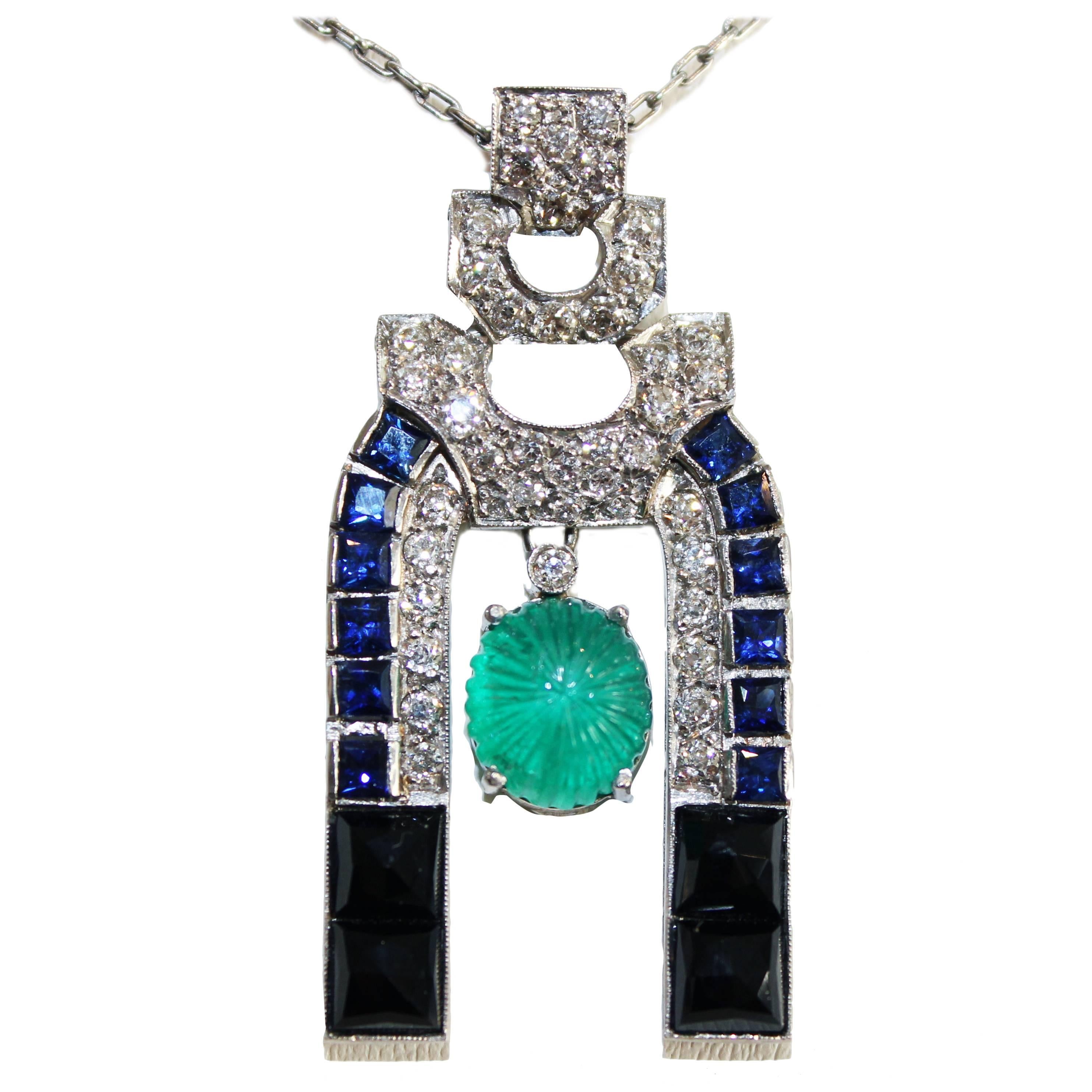 Art Deco Onyx Sapphire Emerald Diamond Platinum Pendant For Sale at 1stDibs