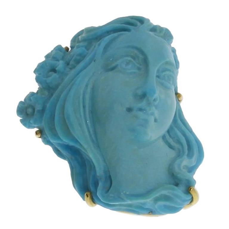 Turquoise Cameo Gold Brooch Pendant at 1stDibs