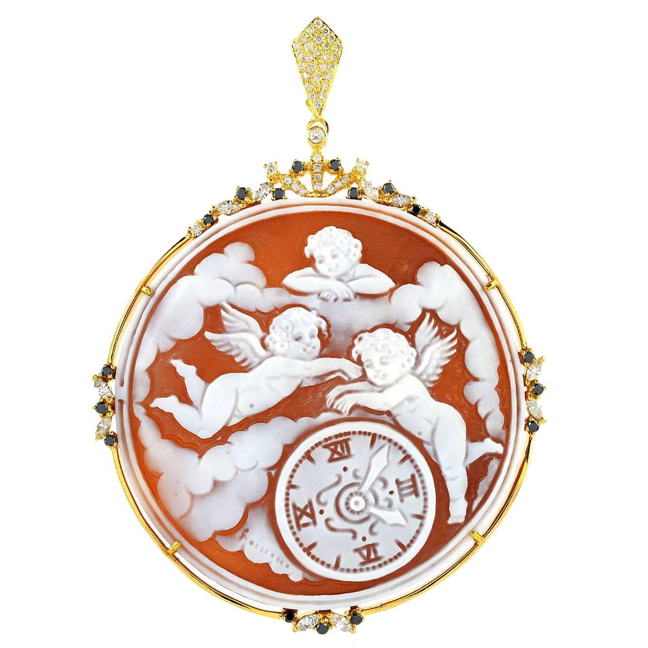 Shell Cameo Diamond Gold Angel Pendant For Sale at 1stdibs