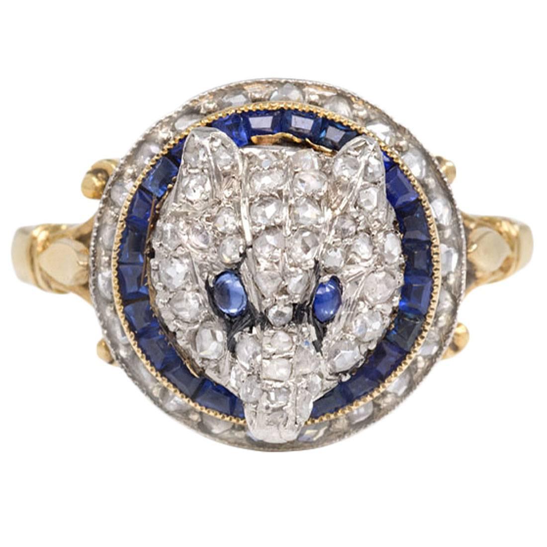 Antique English Diamond and Sapphire Fox Head Ring at 1stDibs