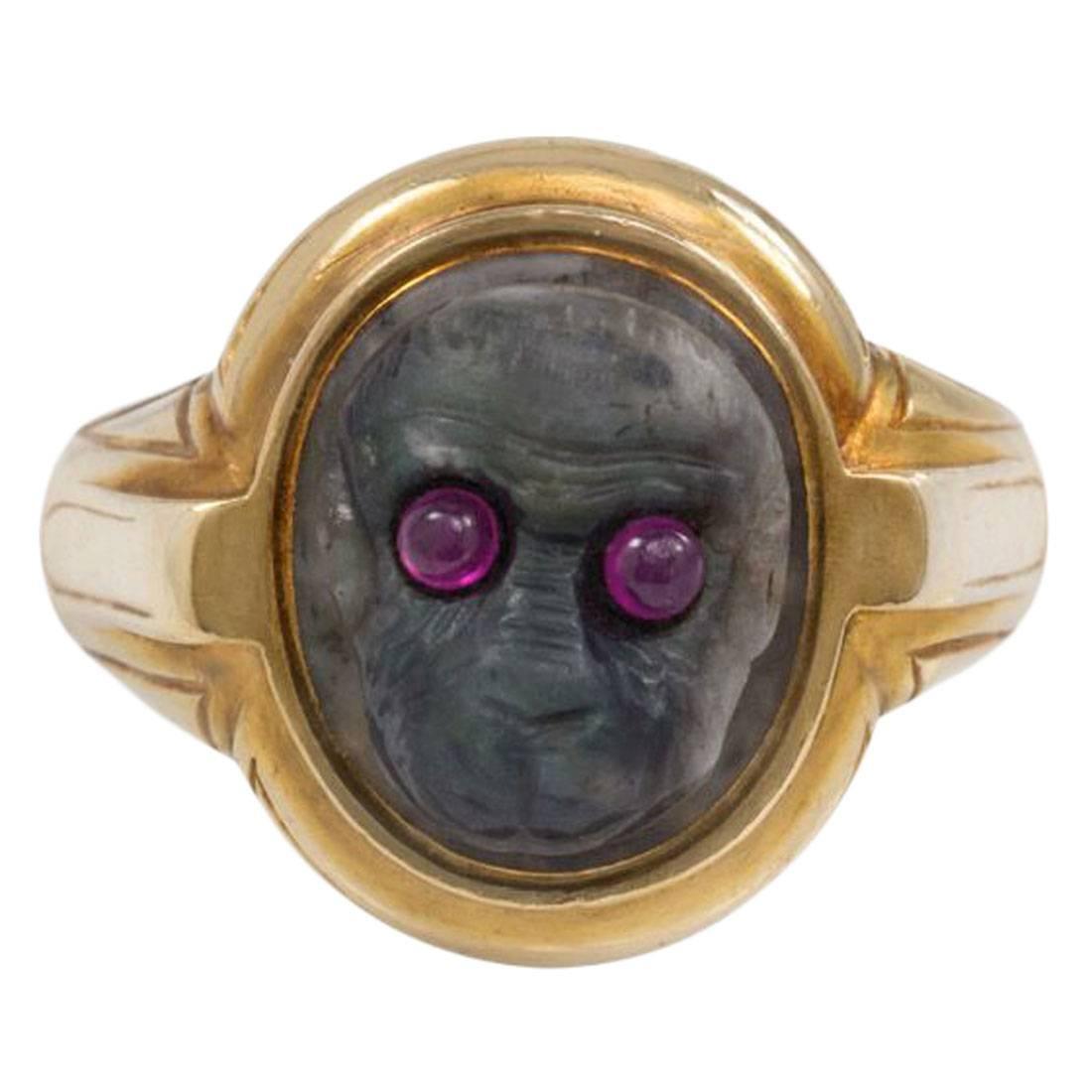Antique Carved Labradorite Gold Monkey Head Ring at 1stdibs