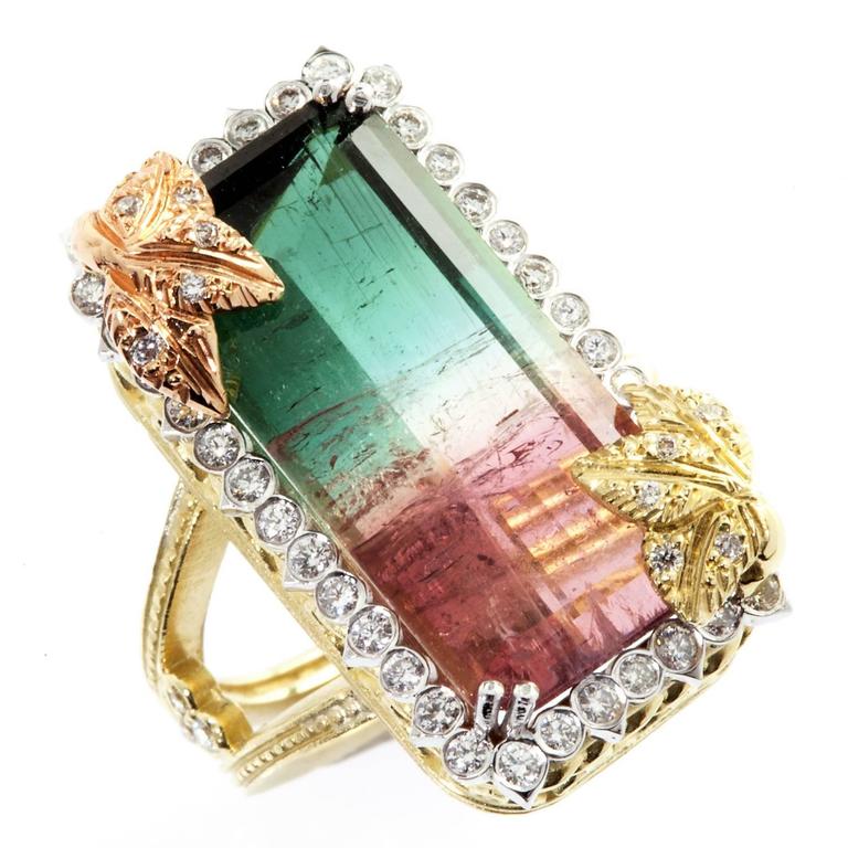 Stambolian Watermelon Tourmaline Tricolor Diamond Gold Ring at 1stDibs