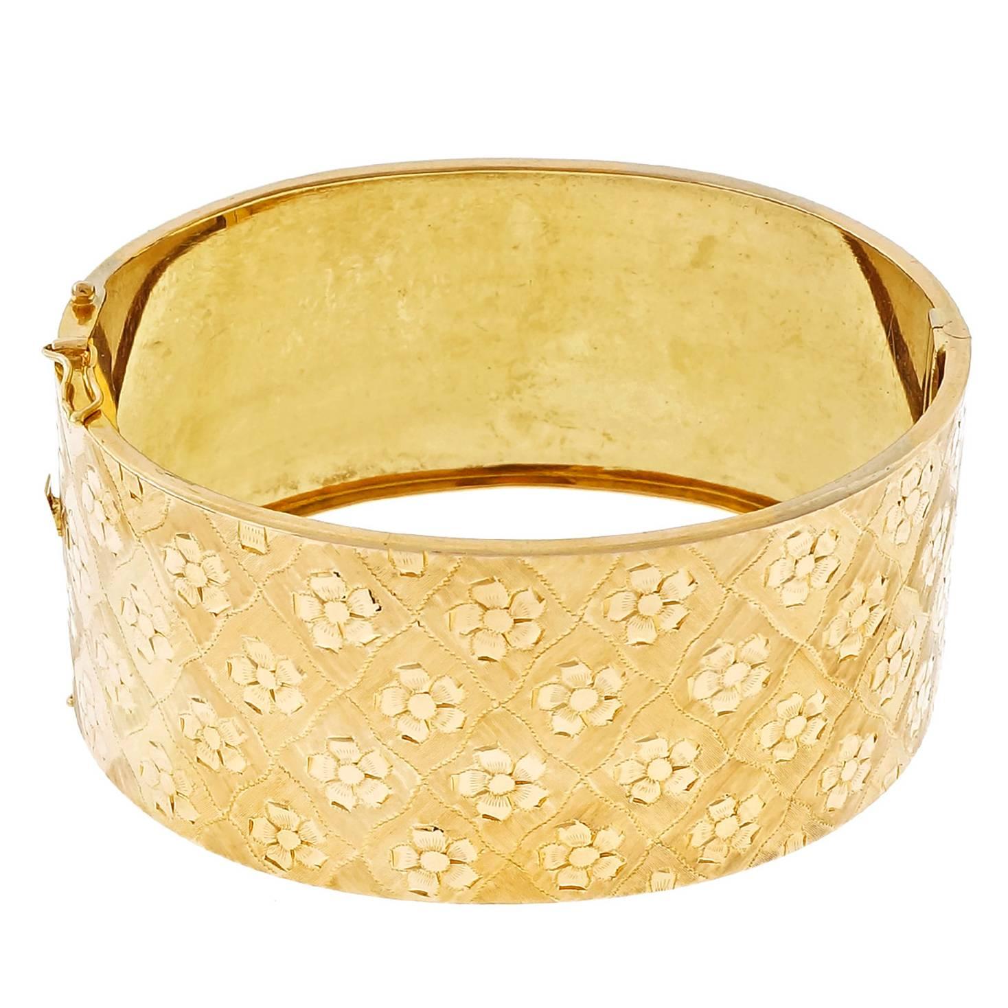 Wide Flat Flower Engraved Gold Bracelet at 1stDibs | flat bangles ...