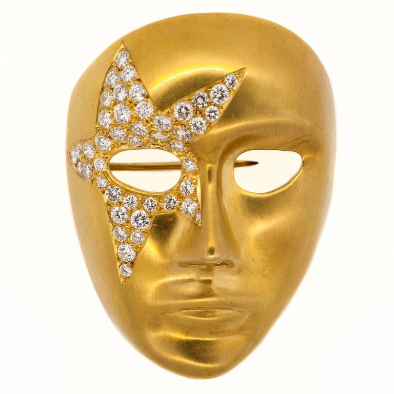 Diamond Gold Mask Brooch at 1stDibs
