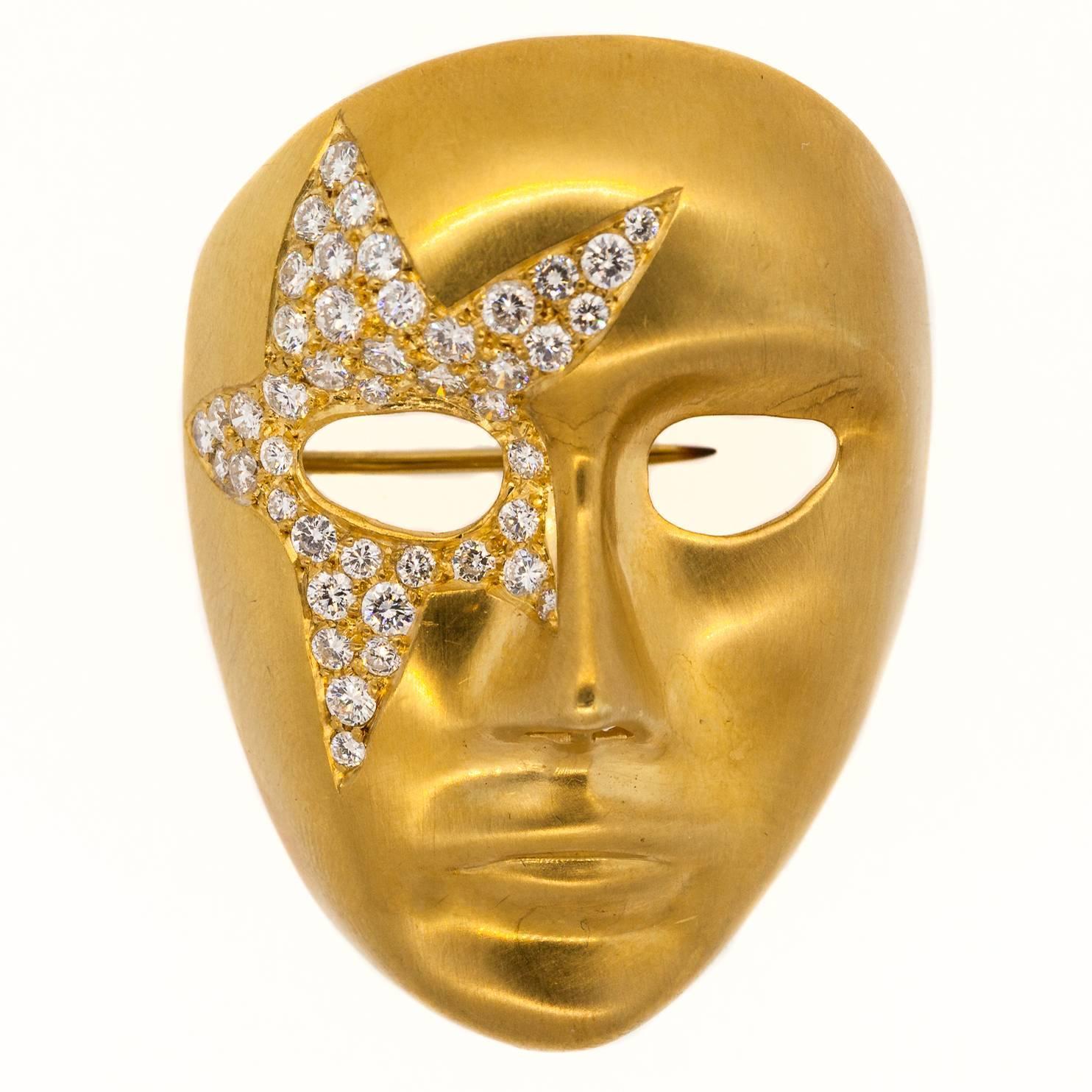 Diamond Gold Mask Brooch at 1stdibs