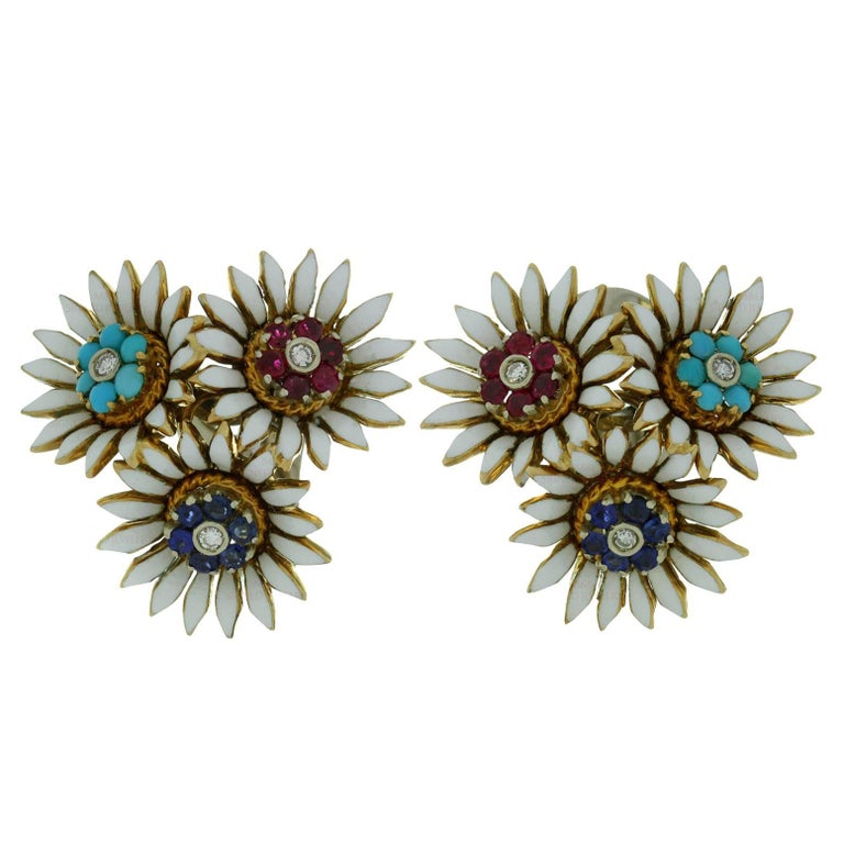1940s Italian Multicolor Gemstone Enamel Diamond Gold Flower Earrings ...