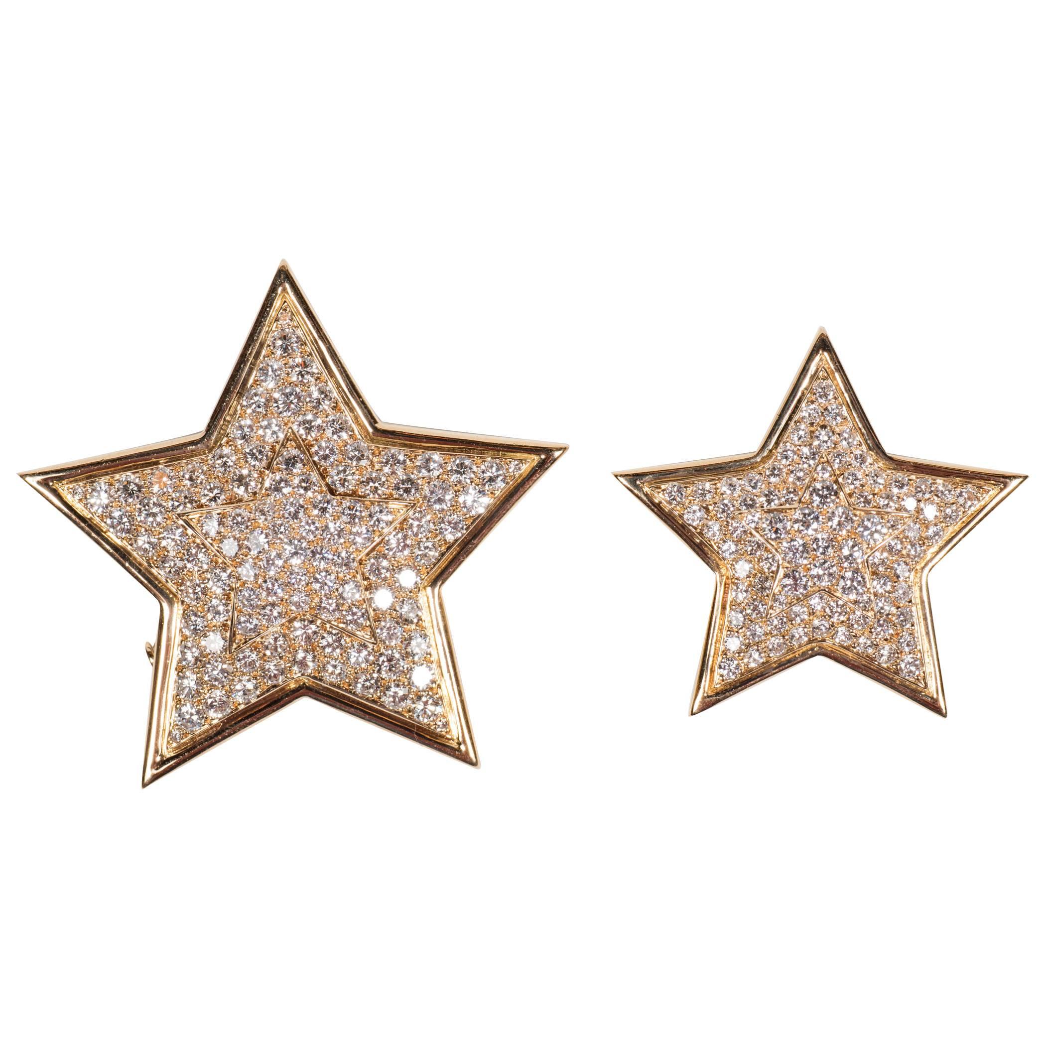 Van Cleef and Arpels Two Diamond Gold Star Design Clip Brooches at ...