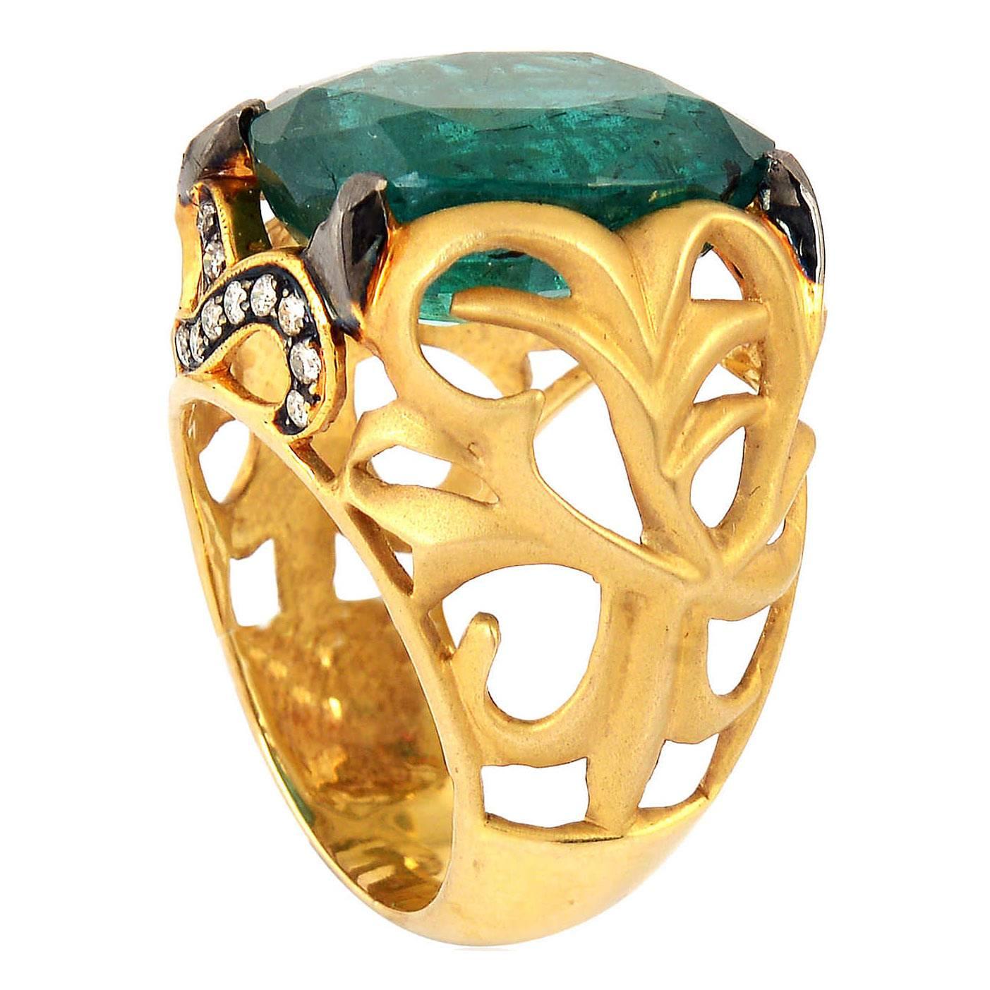 Raw Emerald Diamond Gold Freeform Modern Ring at 1stDibs