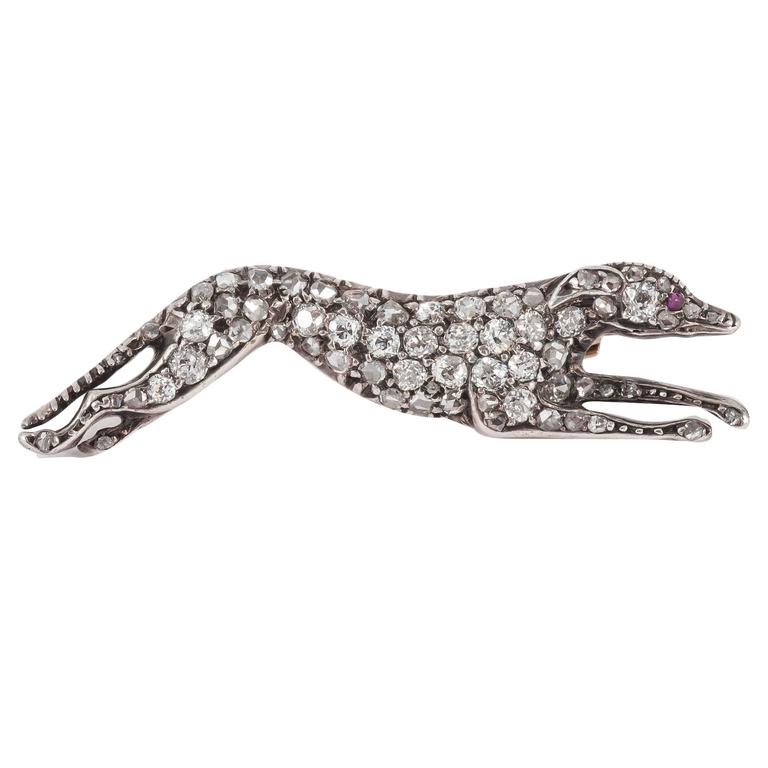 1870s Victorian Old Cut and Rose Cut Diamond Racing Greyhound Brooch at ...