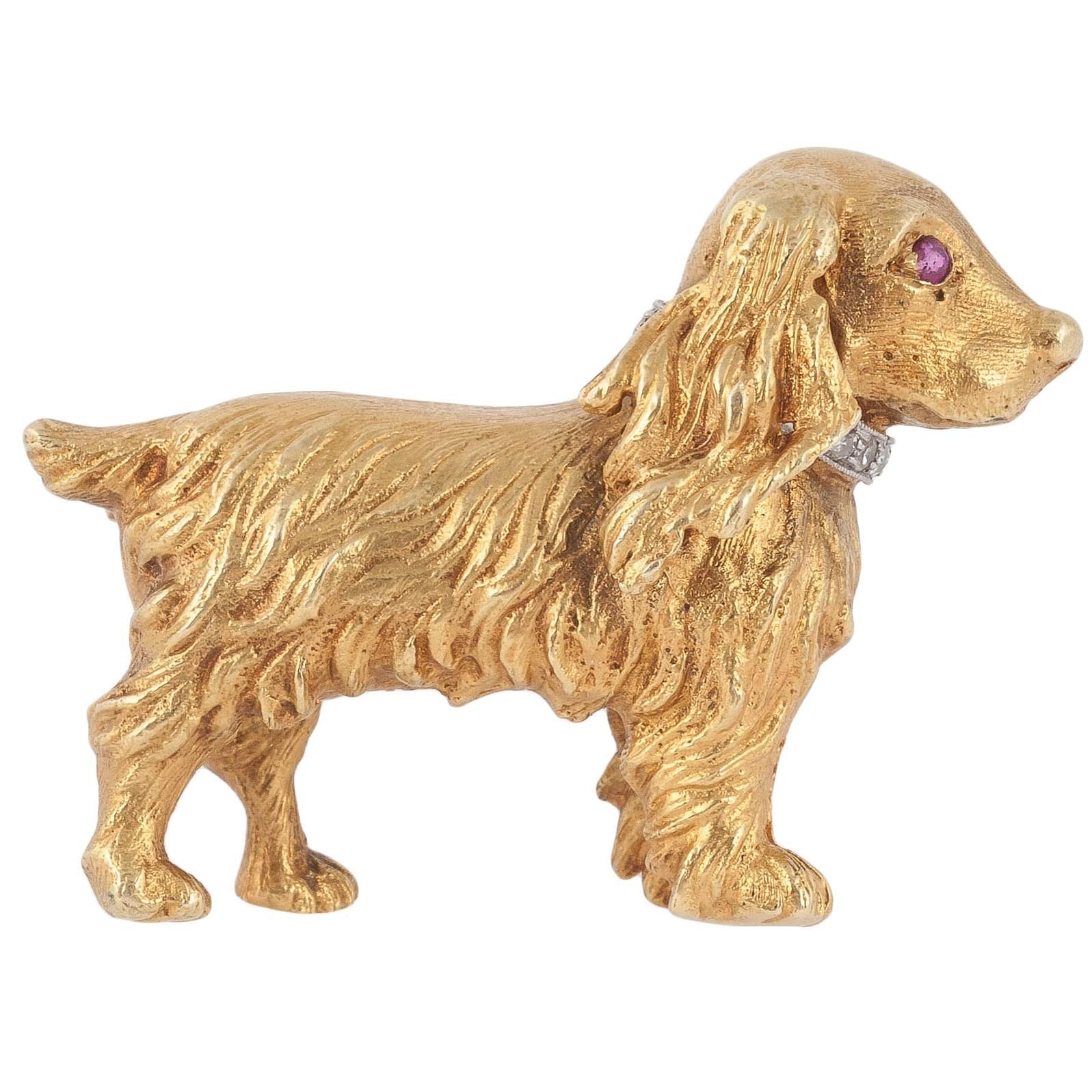 Ruby Diamond Gold Spaniel Dog Brooch For Sale at 1stDibs