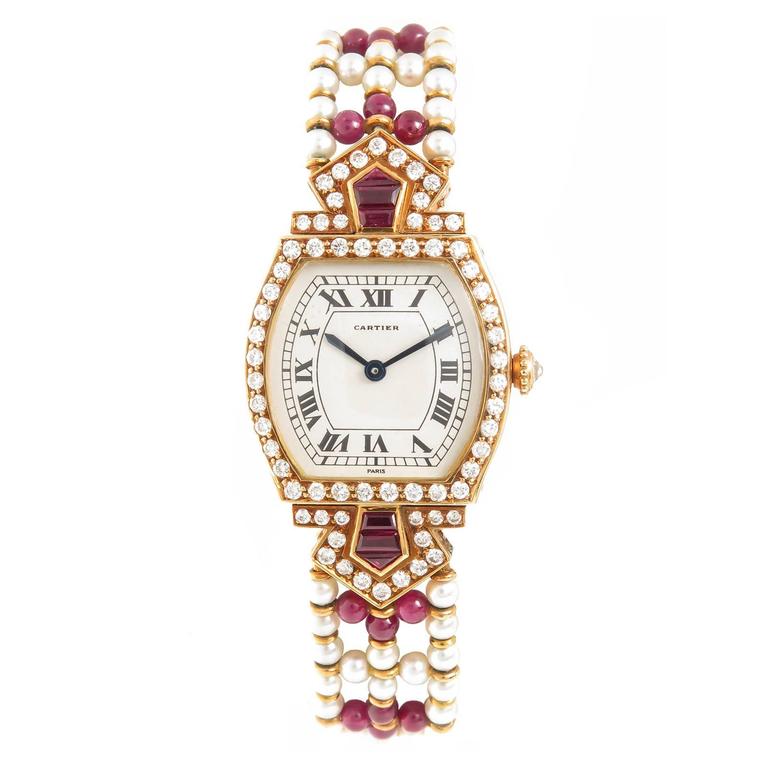 Cartier Lady's Yellow Gold Diamond Ruby Pearl Tortue Wristwatch at 1stDibs