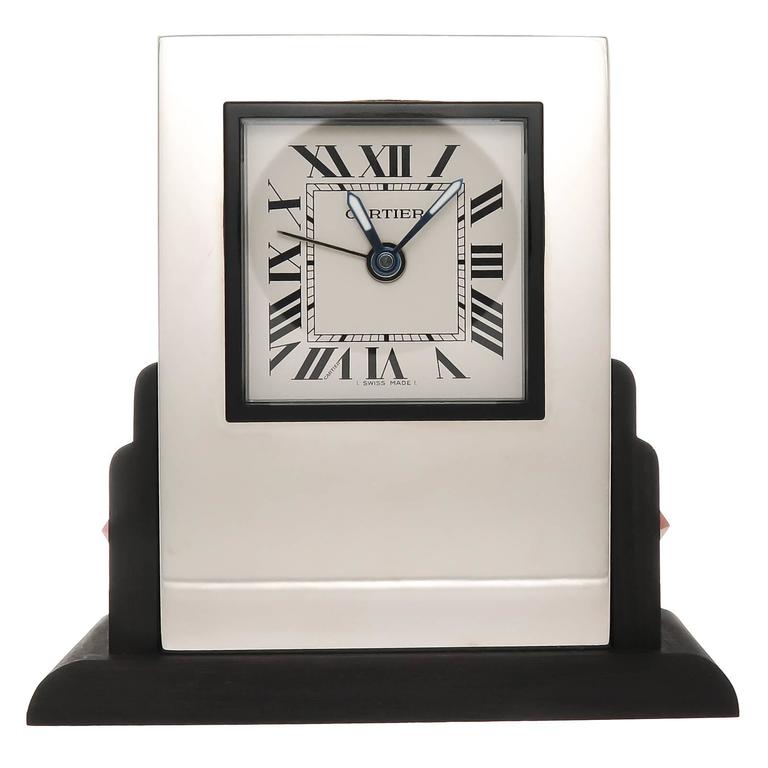 1990s Cartier Silver Plate Quartz Stone Set Desk Clock with Alarm at ...