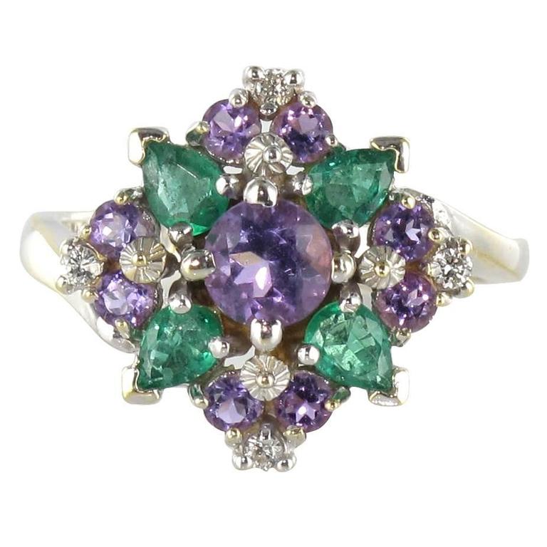 1970s Emerald Amethyst Diamond White Gold Ring at 1stDibs