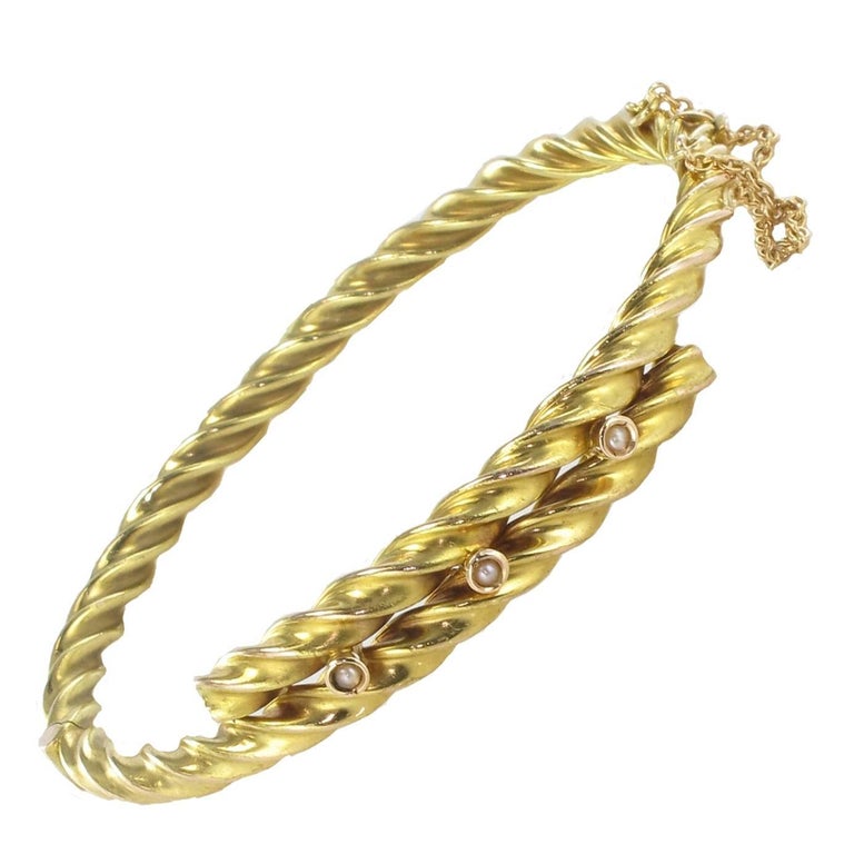 Antique Twisted Gold and Fine Pearl Bangle Bracelet at 1stDibs ...