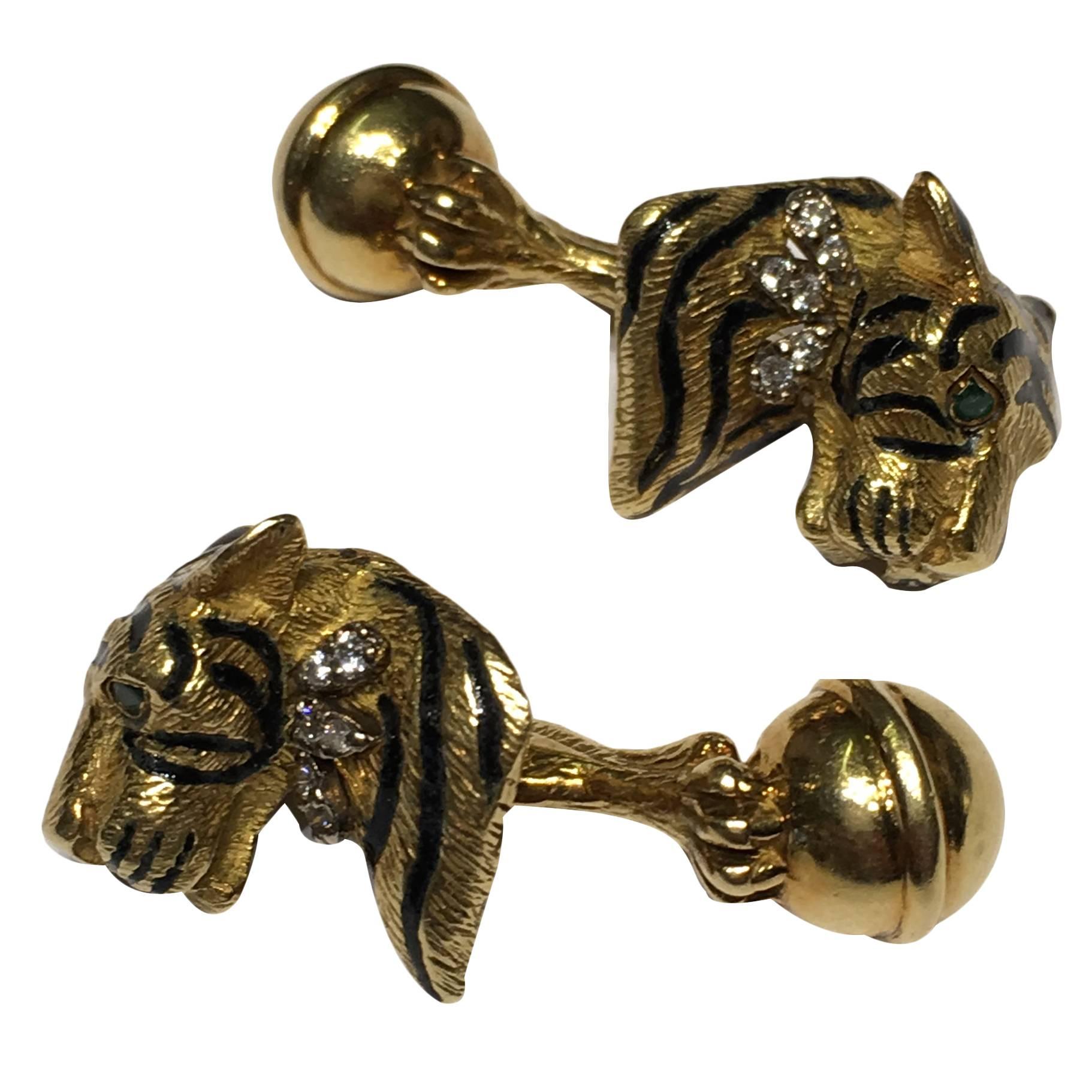Tiffany and Co. Enamel Emerald Diamond Tiger Gold Cufflinks at 1stDibs