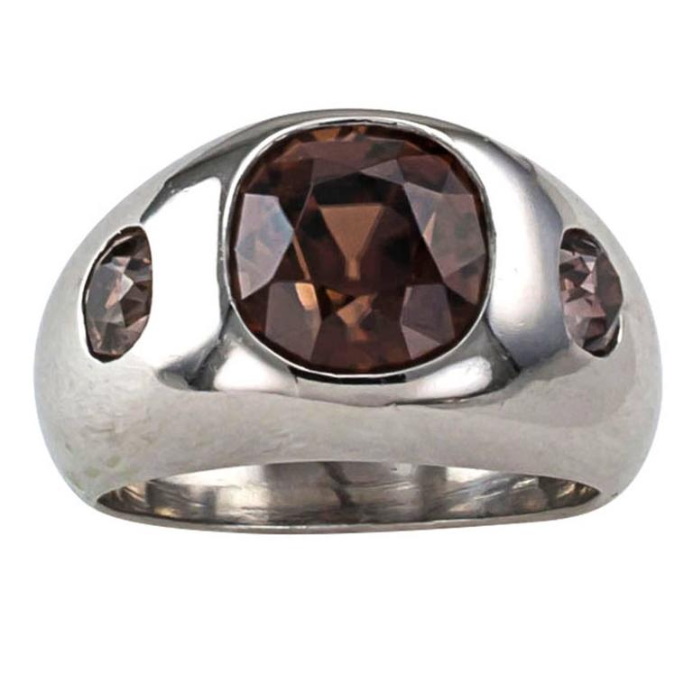 Pink Brown Natural Zircon and Brown Diamond Three-Stone Ring at 1stDibs