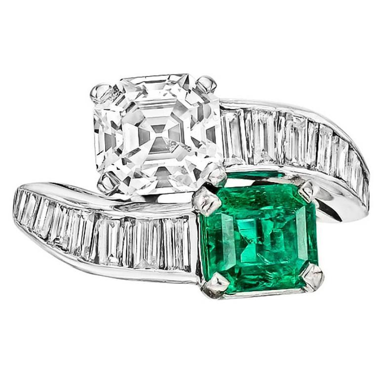 Black Starr and Frost Emerald Diamond Platinum Bypass Ring at 1stDibs