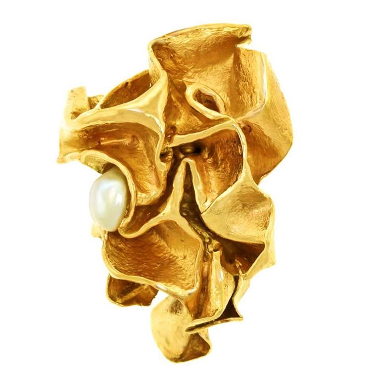 Gilbert Albert Abstract Gold and Pearl Pendant/Brooch For Sale at 1stdibs