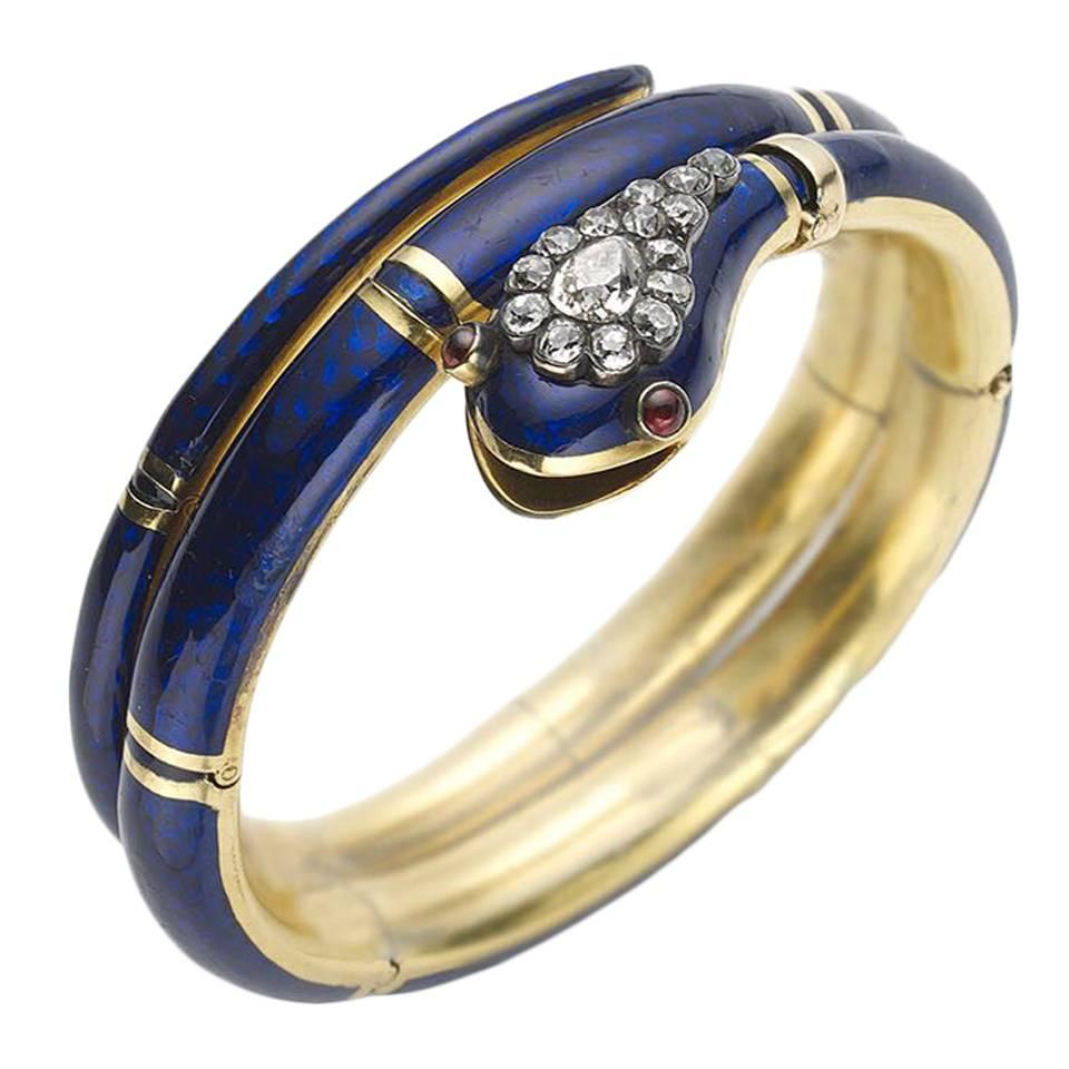 Antique Enamel Diamond Gold Snake Bangle Bracelet at 1stDibs