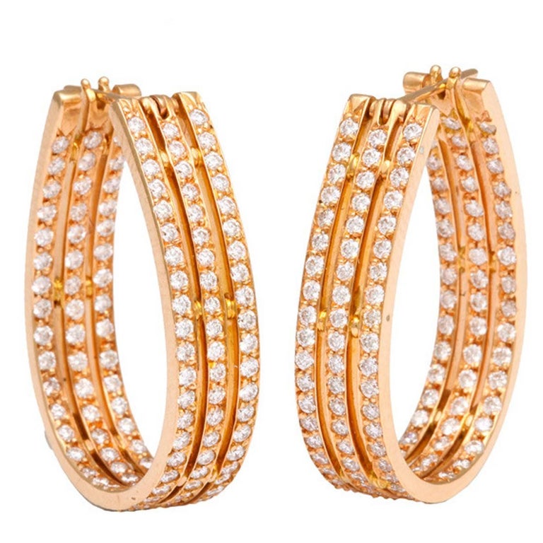 Three-Row Diamond Gold Hoop Earrings at 1stDibs