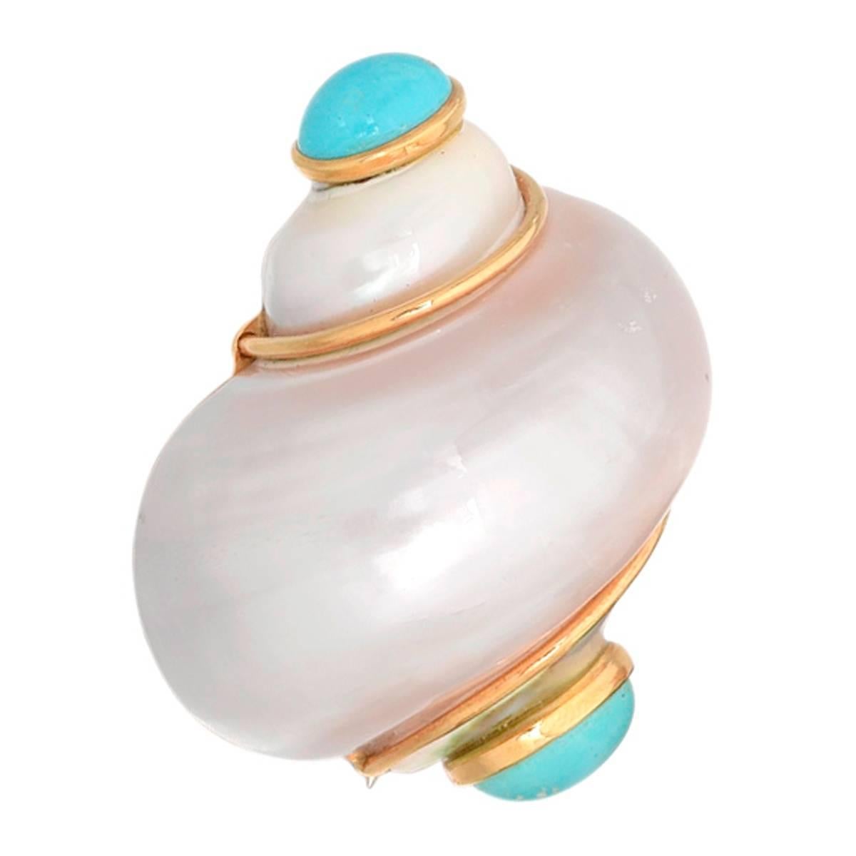 Seaman Schepps Turquoise Gold Turbo Shell Brooch at 1stDibs