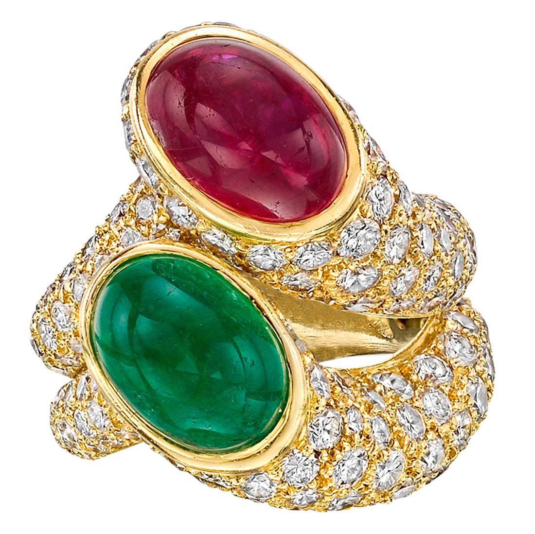 Carvin French Pair of Gemstone Diamond Gold "Nesting" Rings at 1stDibs