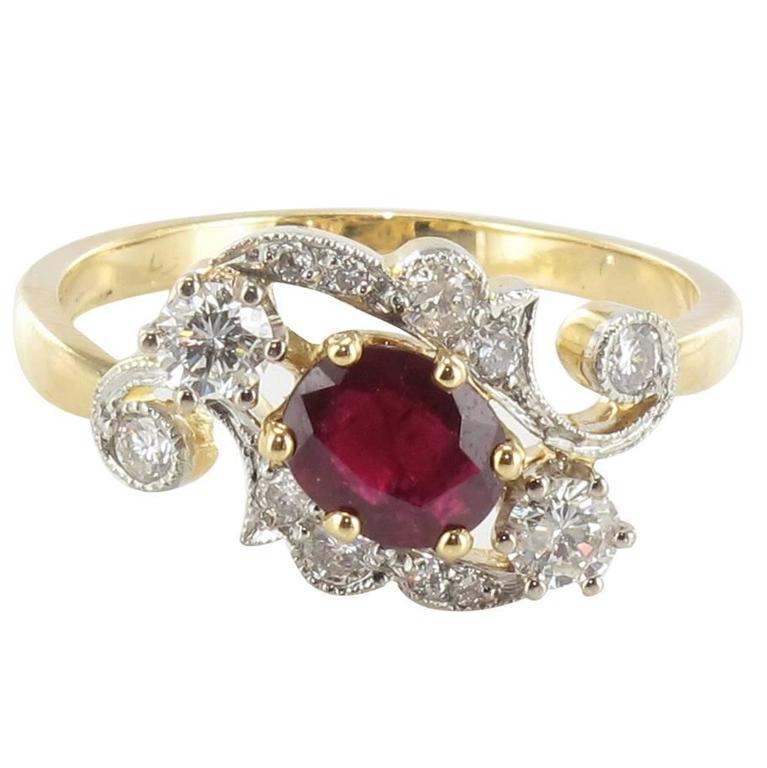New French Antique Style Ruby Diamond Gold Ring at 1stDibs