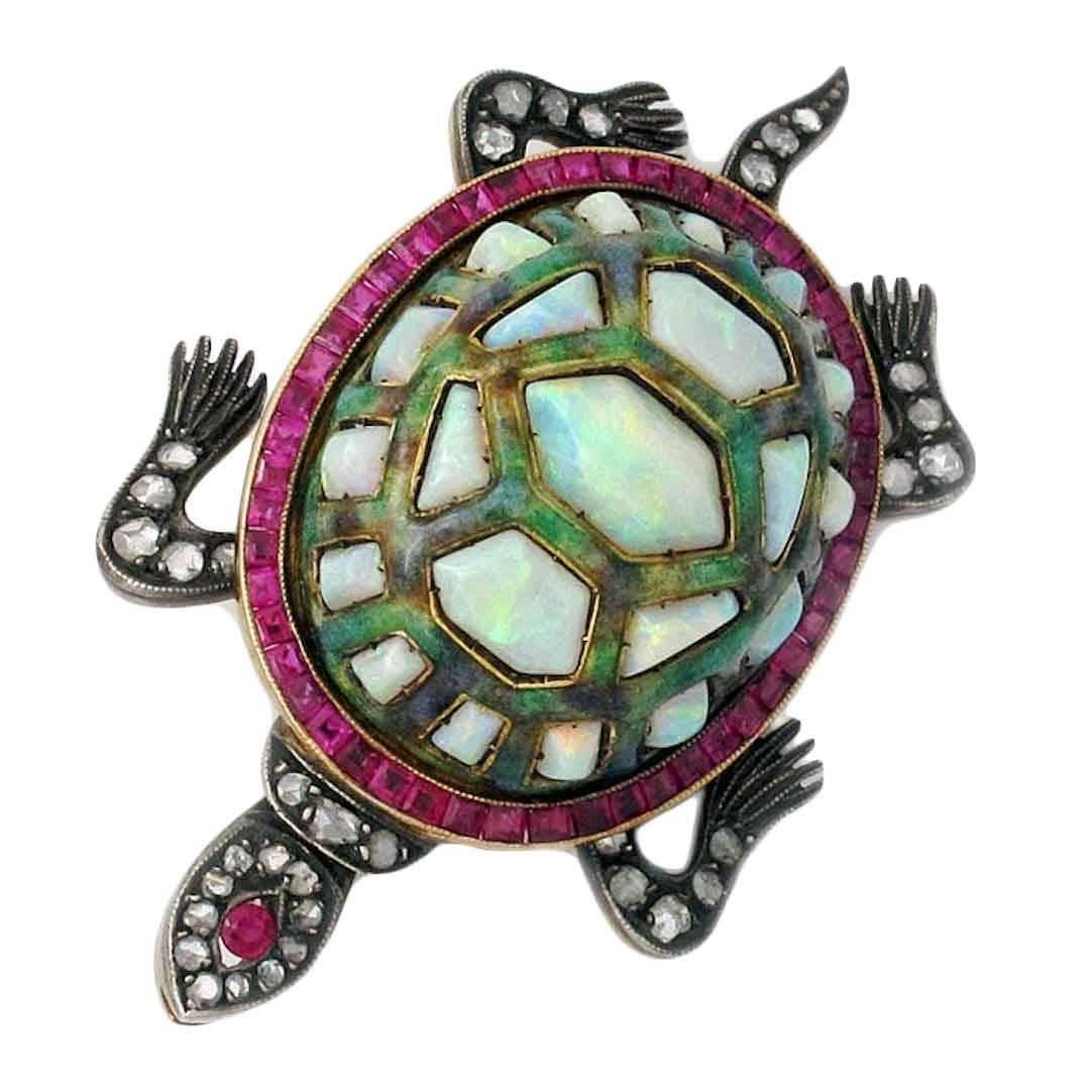 Opal Ruby Diamond Turtle Brooch at 1stDibs