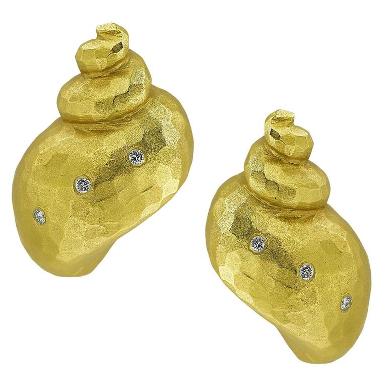 Gold Shell Diamond Earrings at 1stDibs