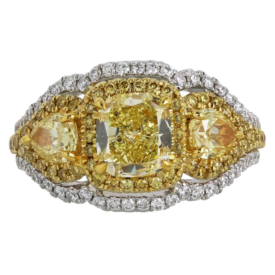 Canary and White Diamonds Two Color Gold Three Stone Ring For Sale at ...