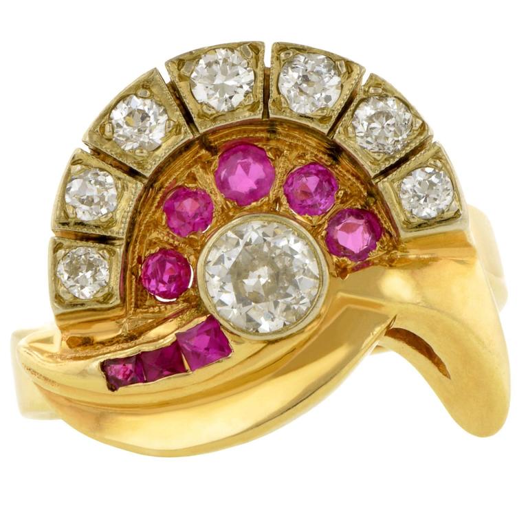 1940s Retro Ruby Diamond Gold Ring at 1stDibs