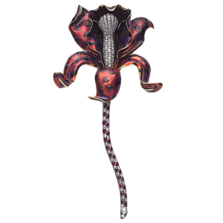 Red Enamel Ruby Diamond Gold Orchid Brooch at 1stDibs