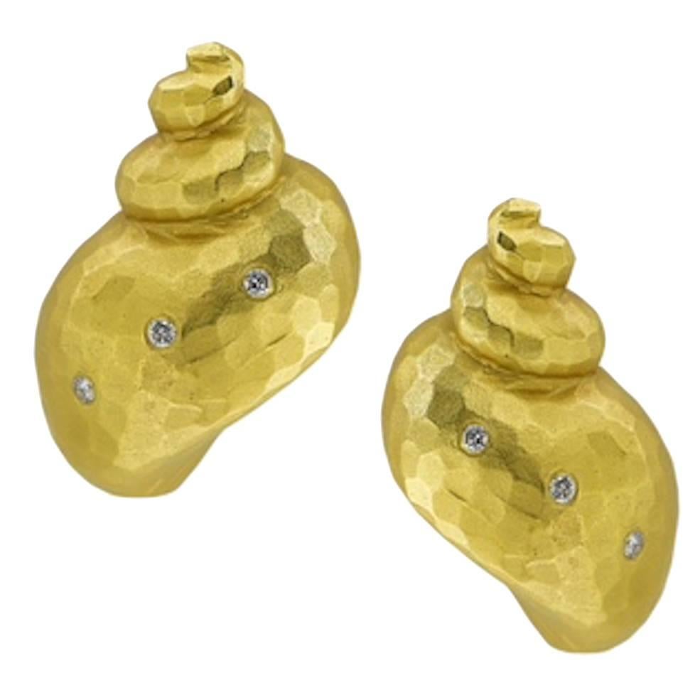 Diamond Gold Hammered Shell Earrings at 1stDibs