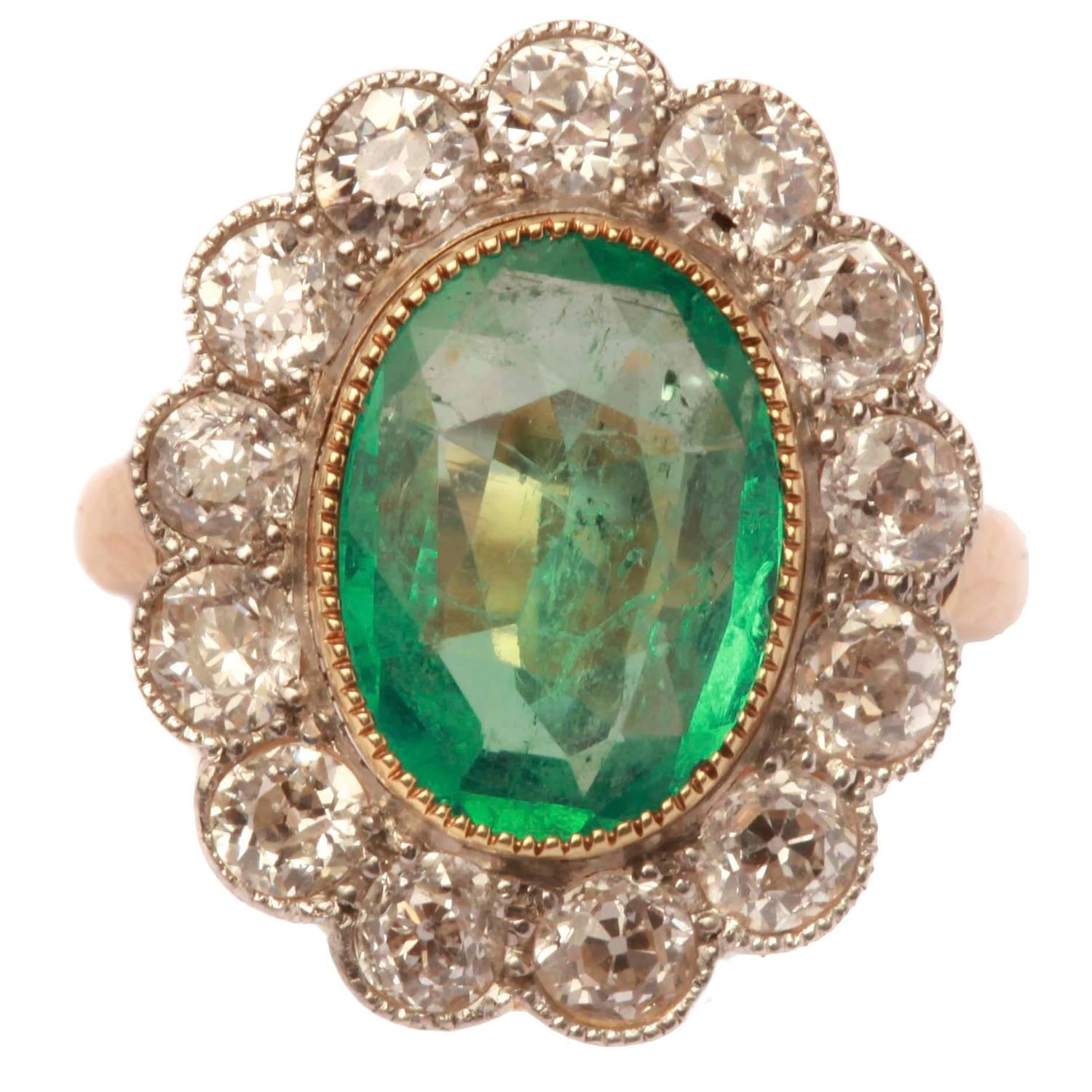 Antique Emerald Diamond Gold Platinum Ring For Sale at 1stdibs