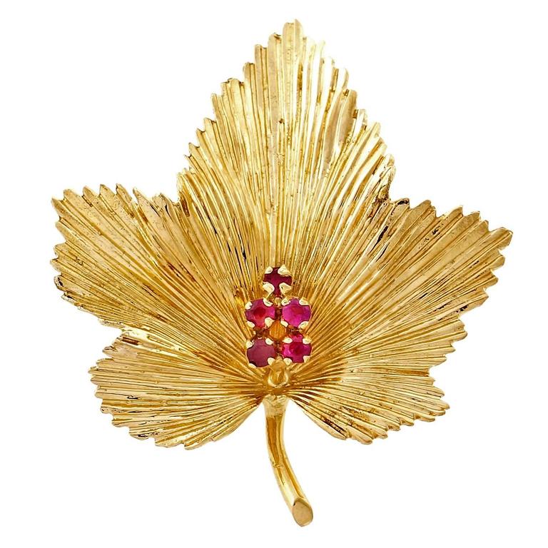 Tiffany and Co. Ruby Gold Leaf Pin at 1stDibs