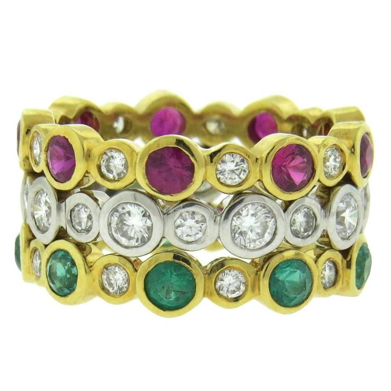 Modern Emerald Ruby Diamond Gold Stackable Ring Set at 1stDibs