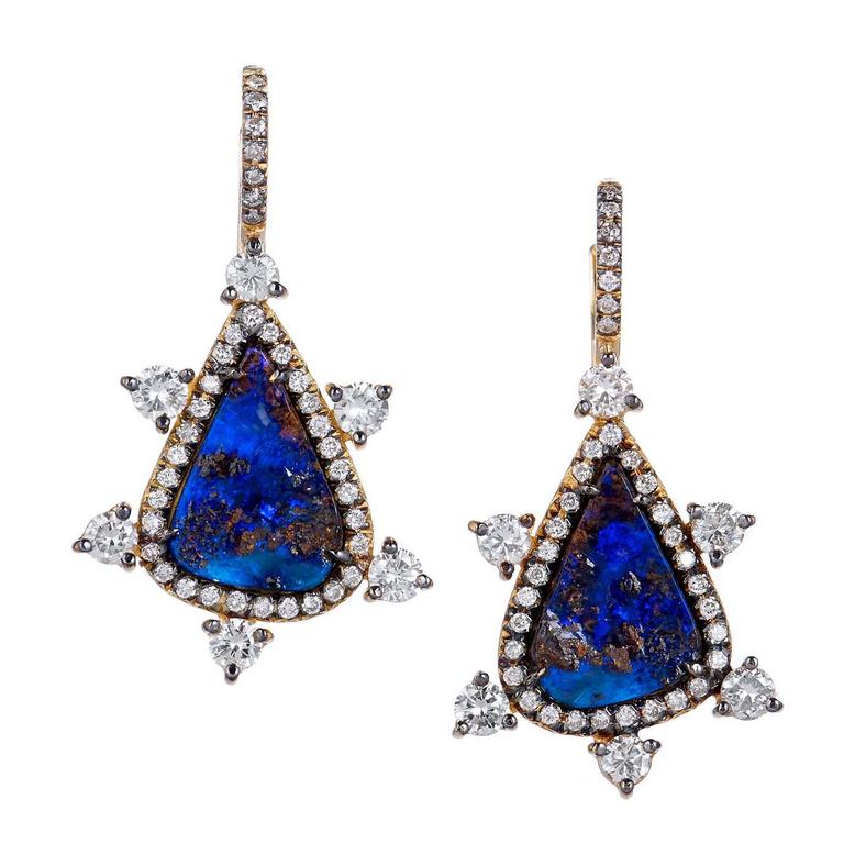 5.02 Carats Australian Boulder Opals Diamond Gold Earrings at 1stDibs