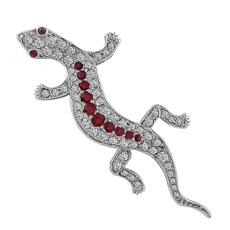 Diamond Ruby Gold Lizard Pin Brooch For Sale at 1stDibs