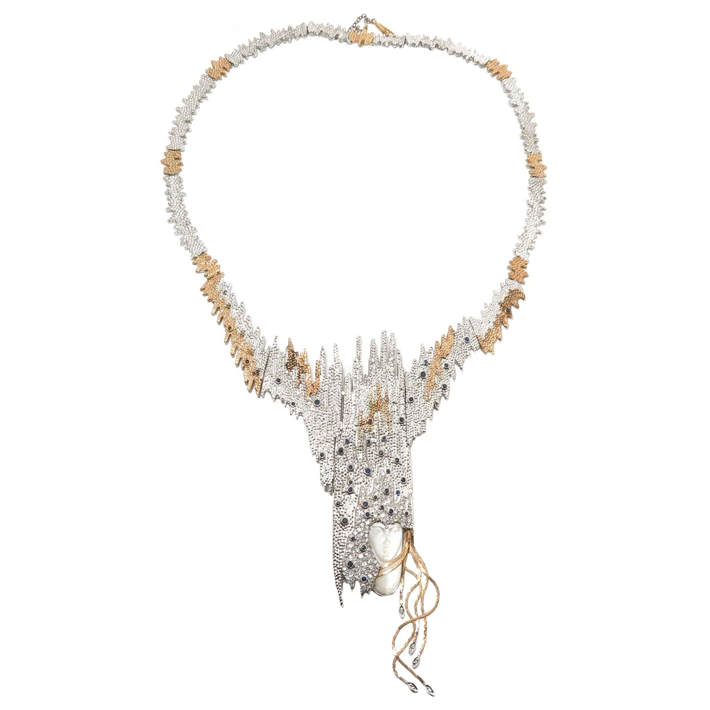 Erte Gem Set Silver Gold Sophistication Necklace at 1stDibs