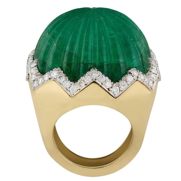 1960s David Webb Carved Emerald Diamond Gold Ring at 1stDibs